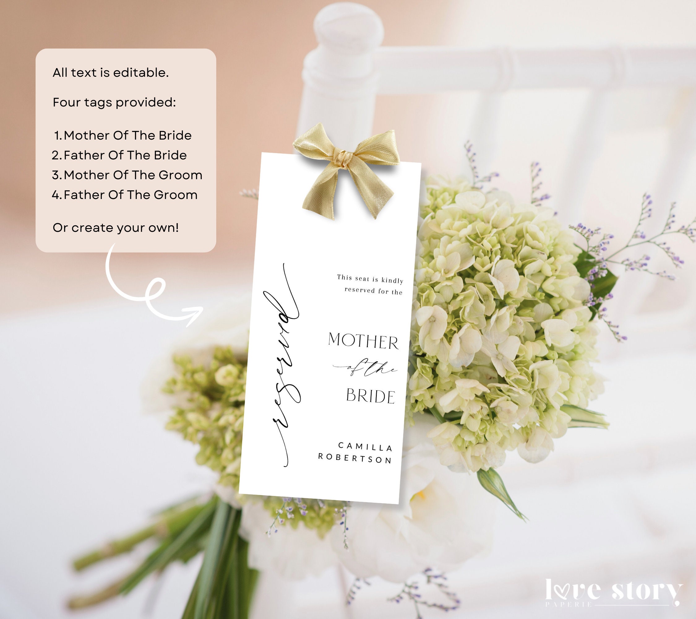 Modern Reserved Seat Tag for Wedding Aisle Template, Minimalist ...