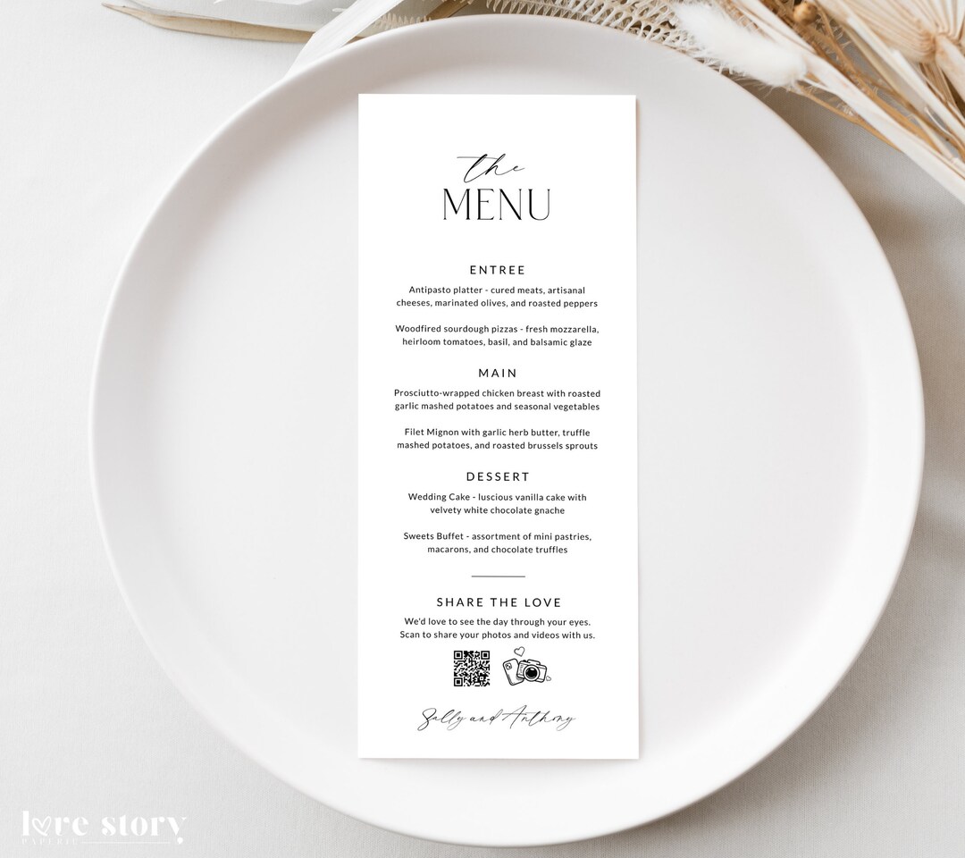 Wedding Menu With QR Code Template, Minimalist Script Menu Editable ...