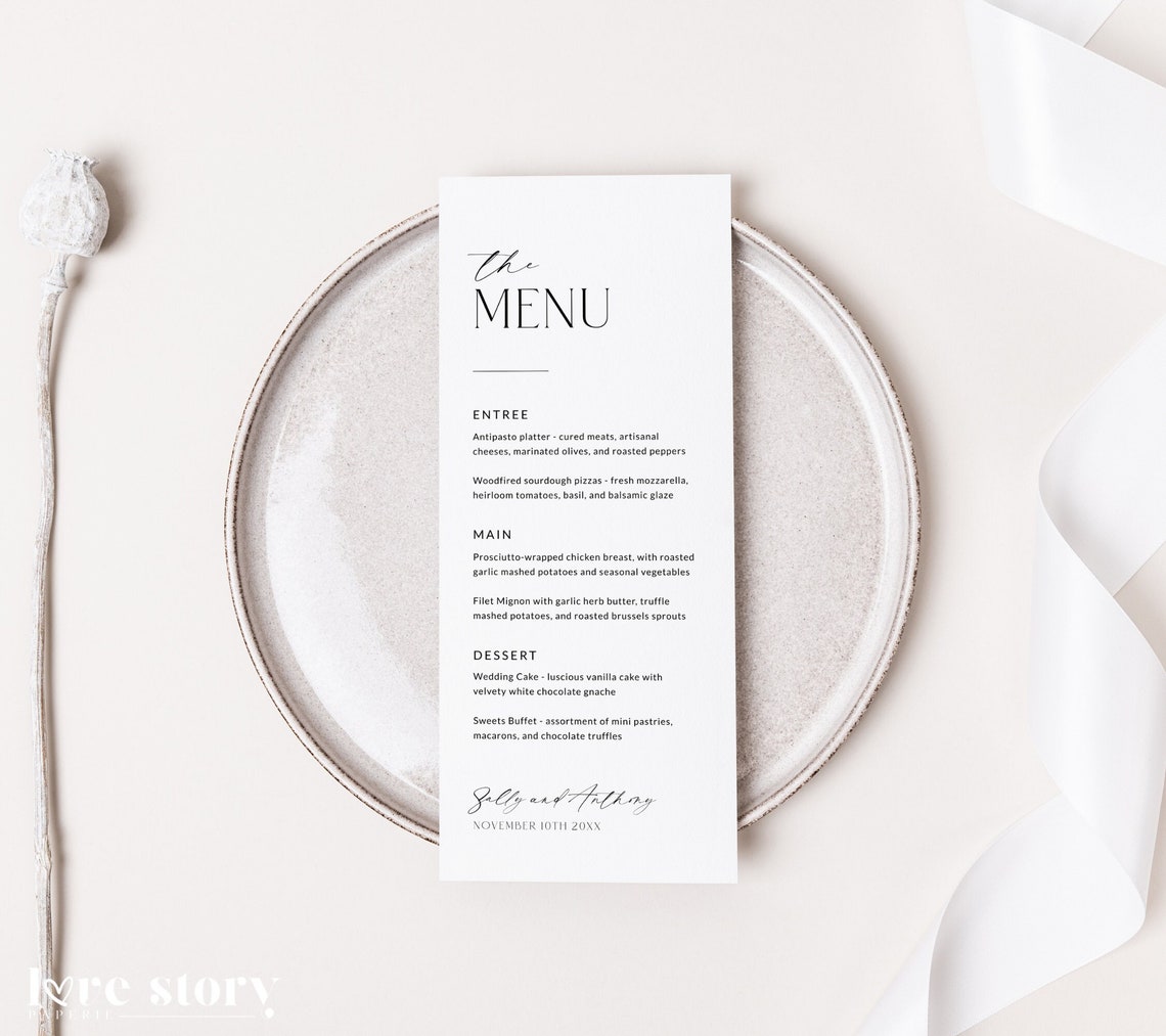 Wedding Menu Template, Modern DIY Reception Dinner Menu, Editable ...