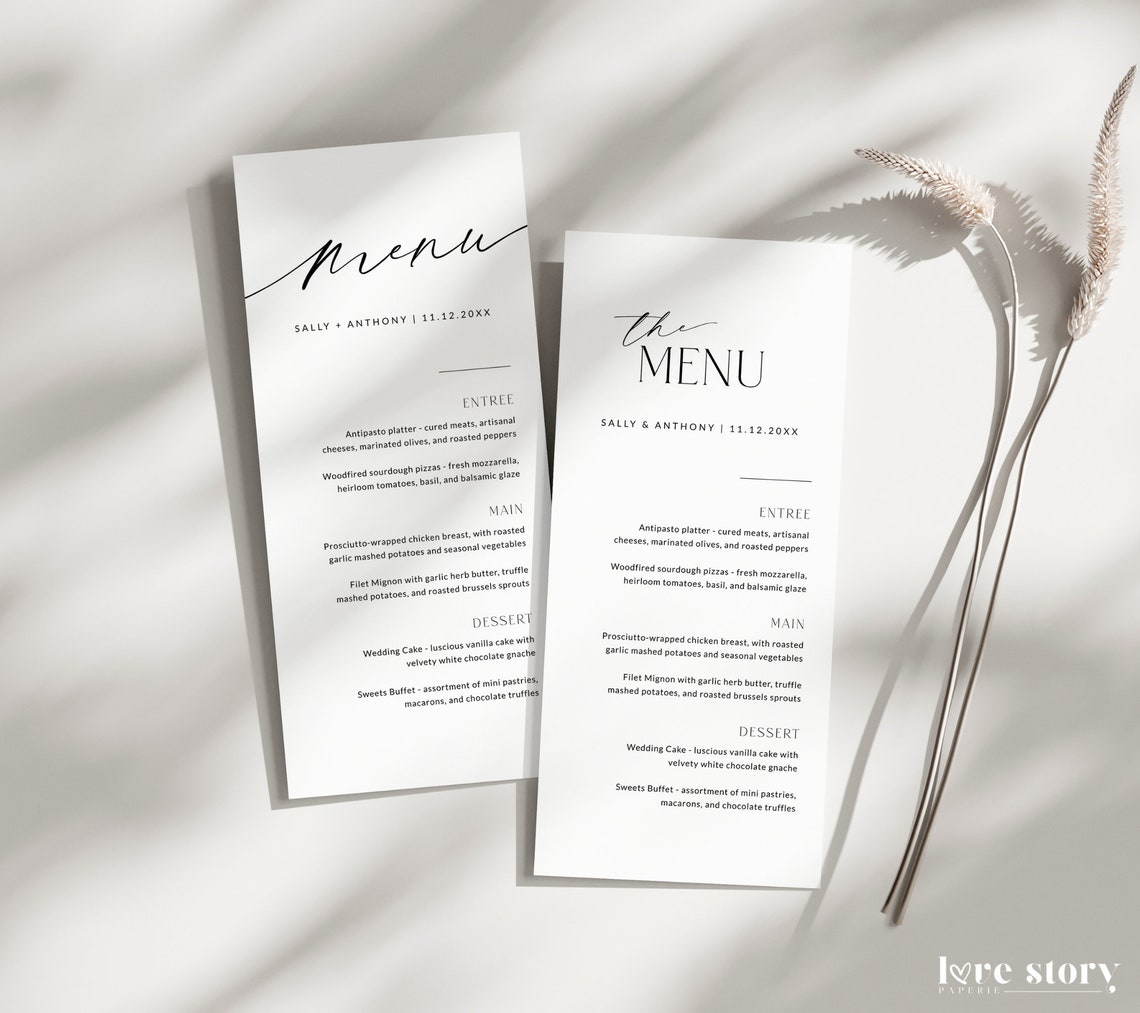 Wedding Menu Template, Modern DIY Reception Dinner Menu, Editable ...