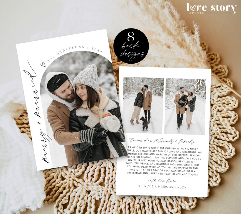 Minimalist Merry and Married Christmas Photo Card Template, Modern Arch ...
