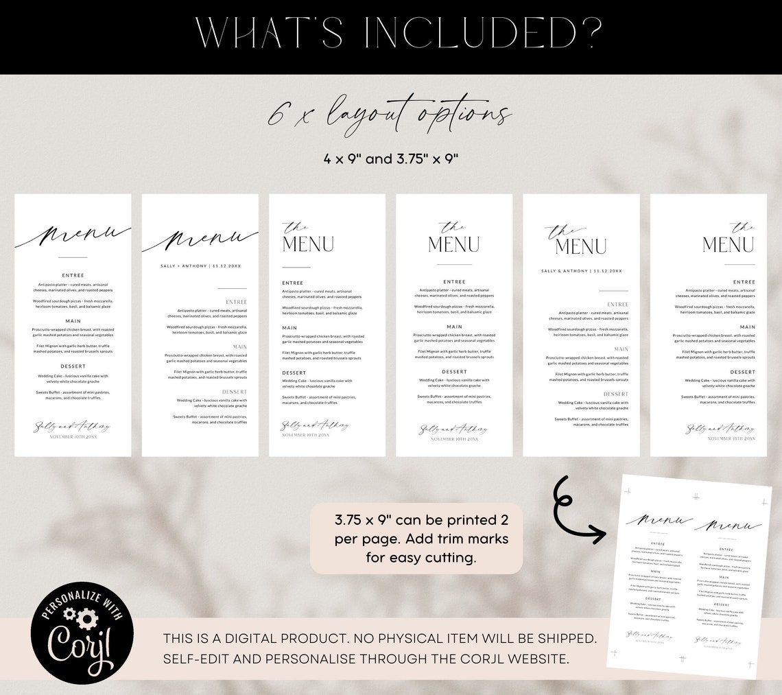 Wedding Menu Template, Modern DIY Reception Dinner Menu, Editable ...