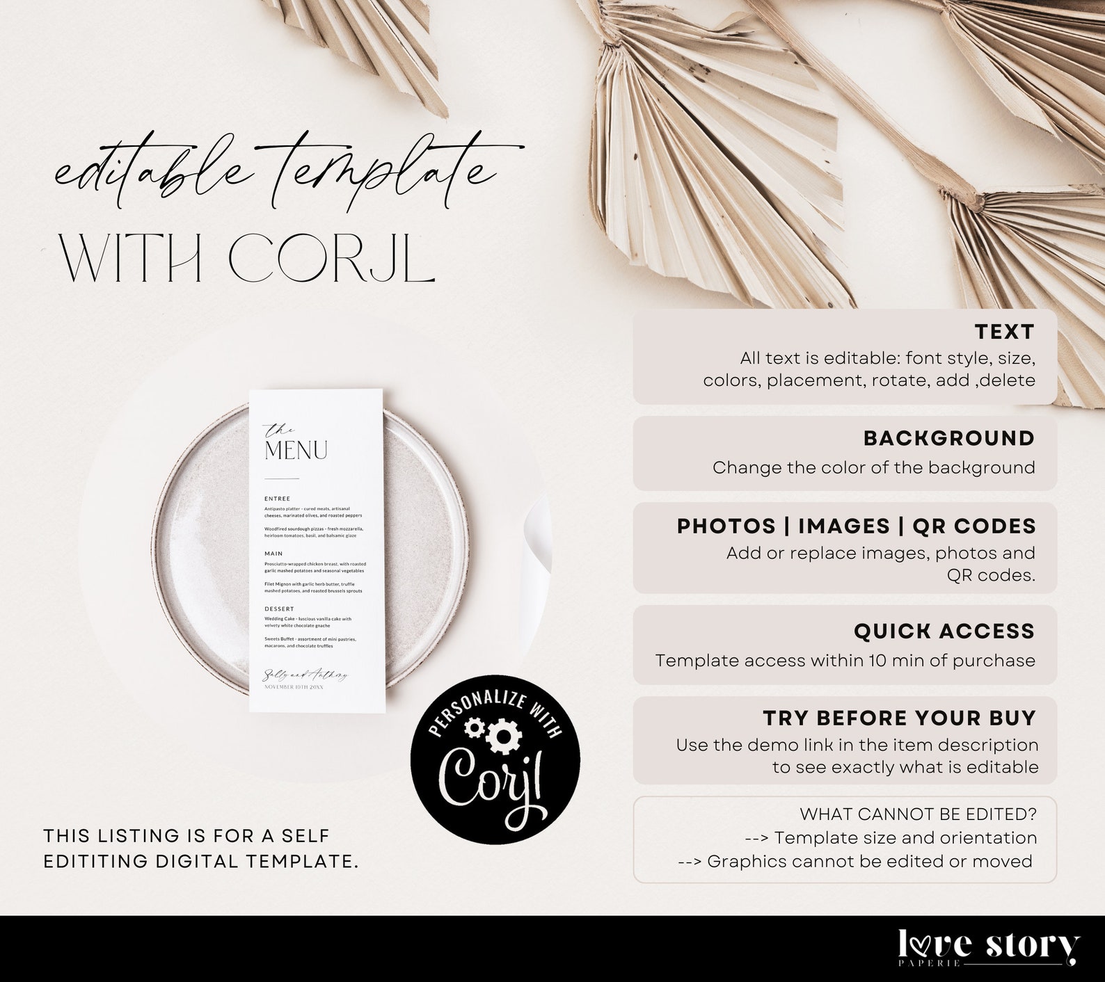 Wedding Menu Template, Modern DIY Reception Dinner Menu, Editable ...
