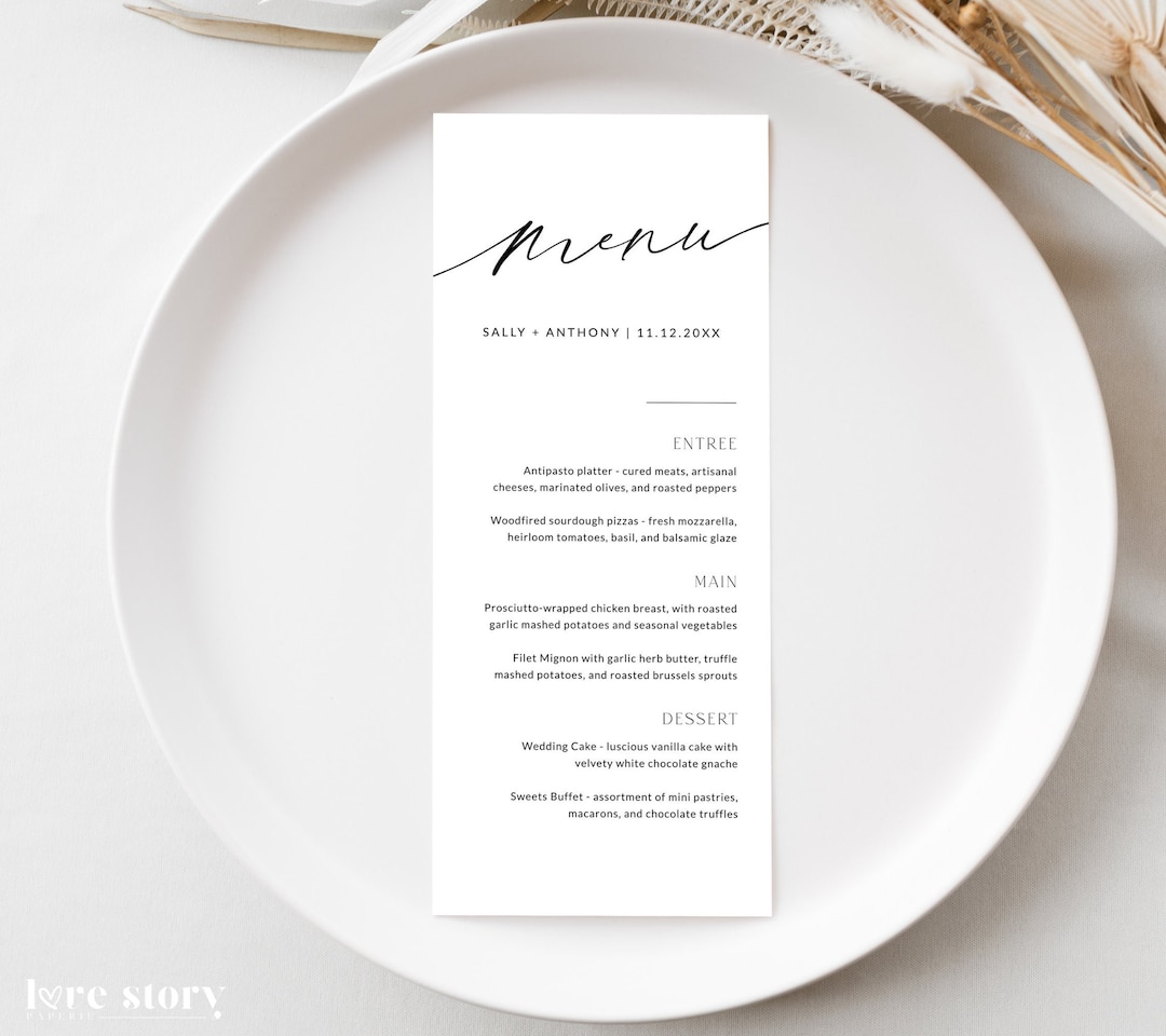 Script Wedding Menu Template, Modern Minimalist Menu Card Printable ...