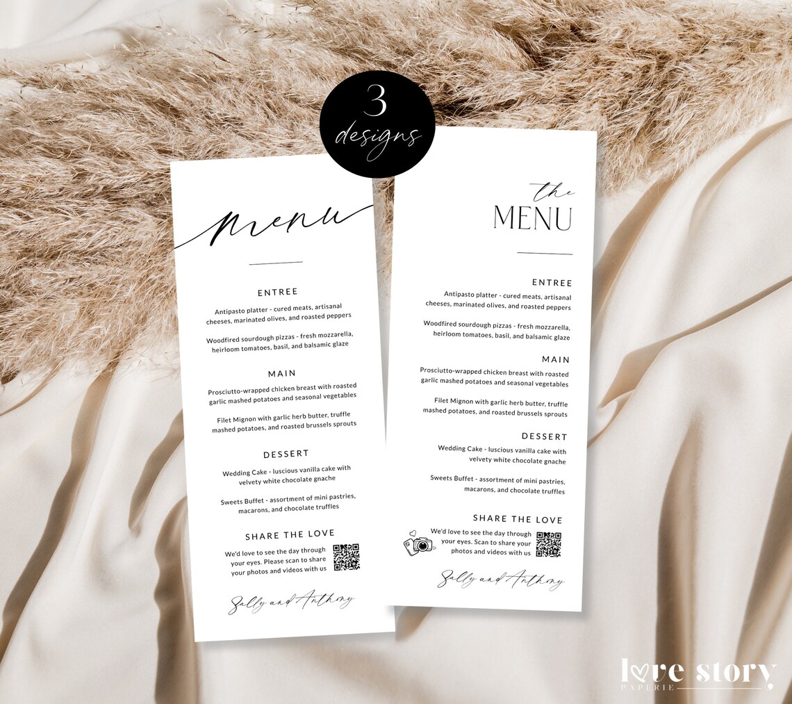 Minimalist Script QR Code Wedding Menu Template, Modern Menu Printable ...