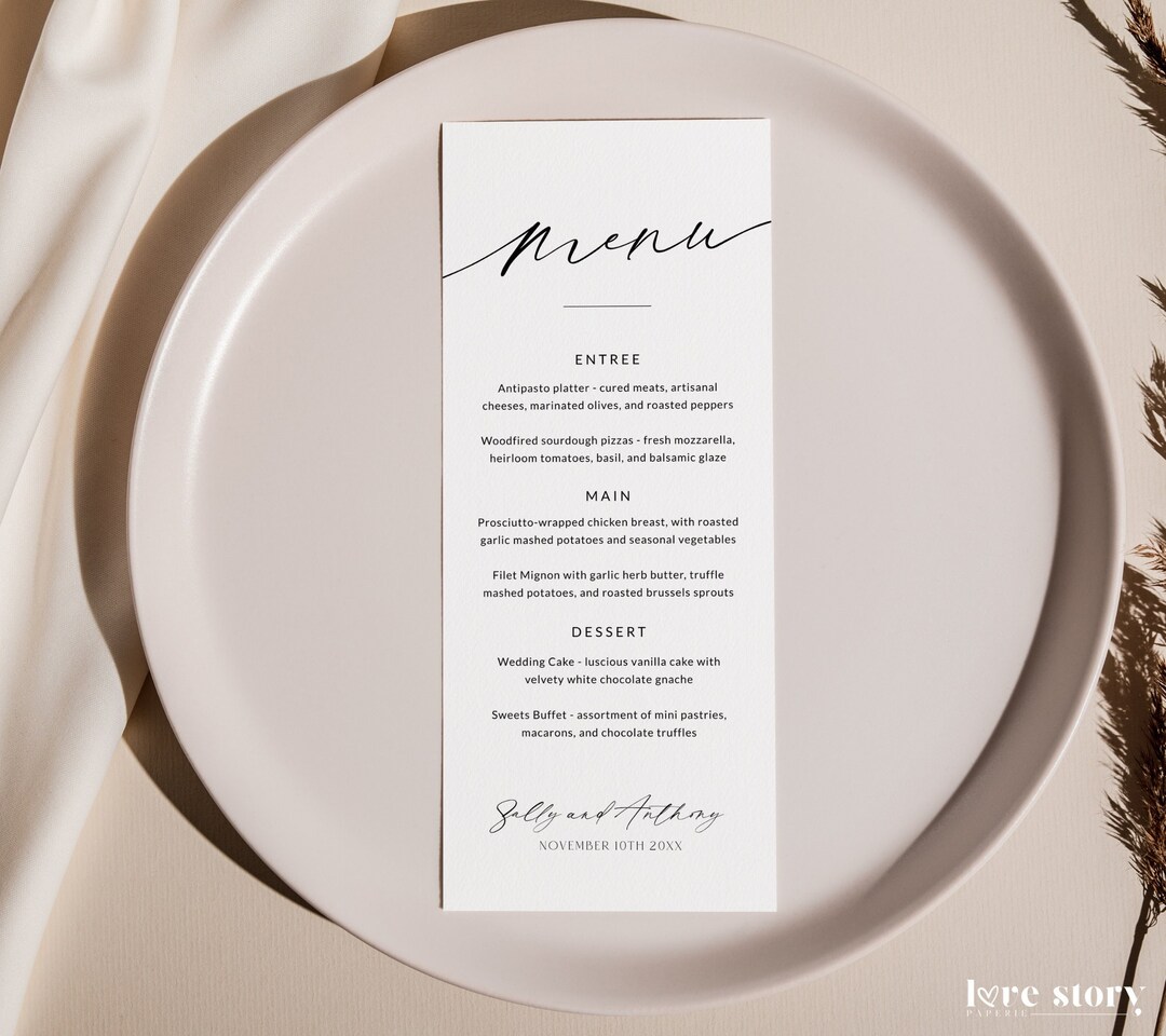 Modern Script Wedding Menu Template, Minimalist Menu Card Printable ...