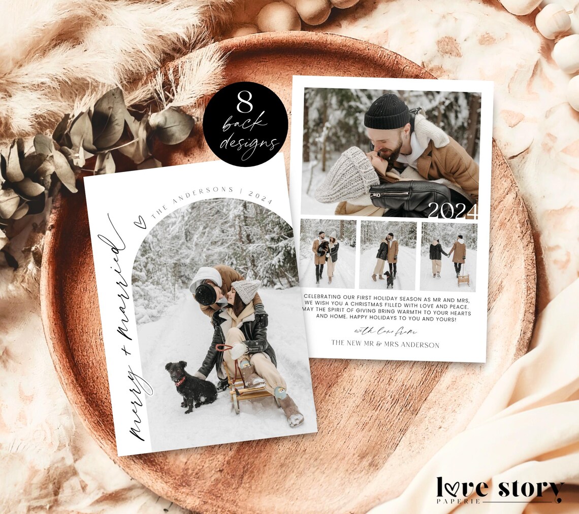 Merry and Married Christmas Holiday Card Photo Template, Modern ...