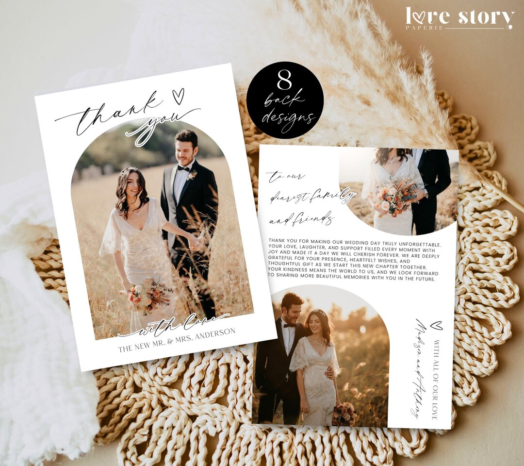 Modern Arch Wedding Thank You Card Photo Template, Editable Thank You ...
