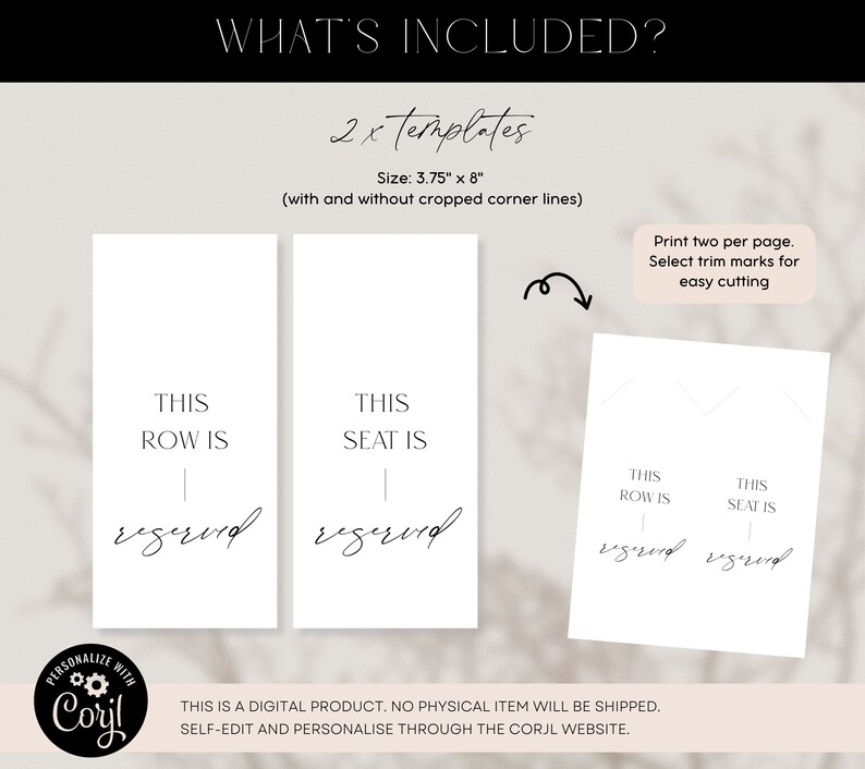Reserved Row Tags for Wedding Template, Modern Seat Reserved Chair Tag ...