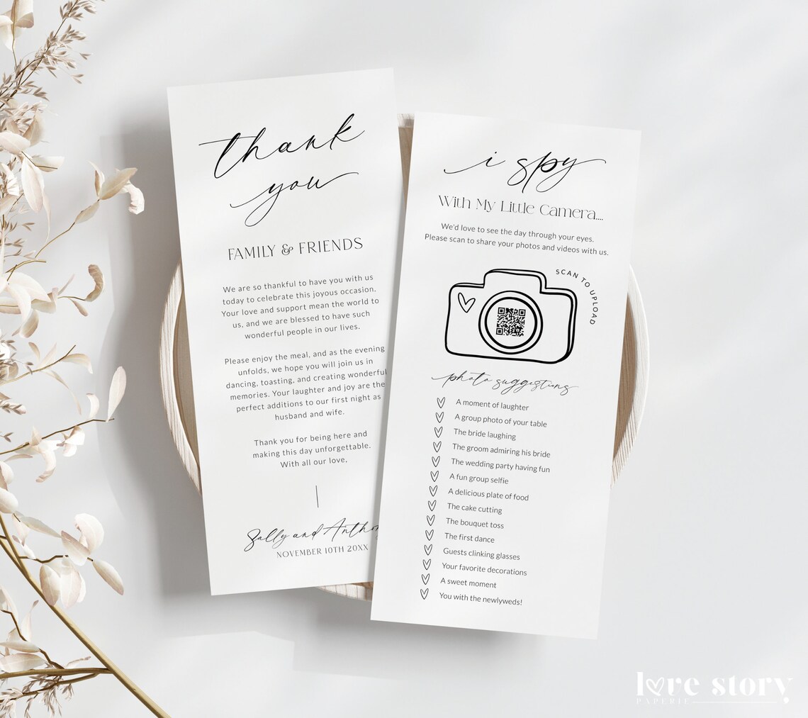 I Spy Wedding QR Thank You Place Card Template, Photo Hunt QR Code Game ...