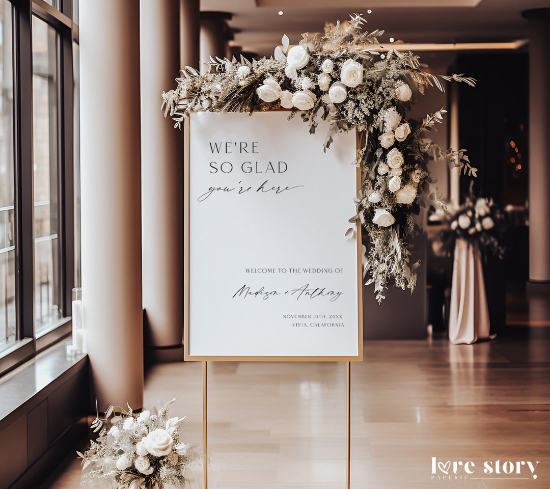 We're so Glad You're Here Wedding Sign Template, Minimalist Welcome to ...