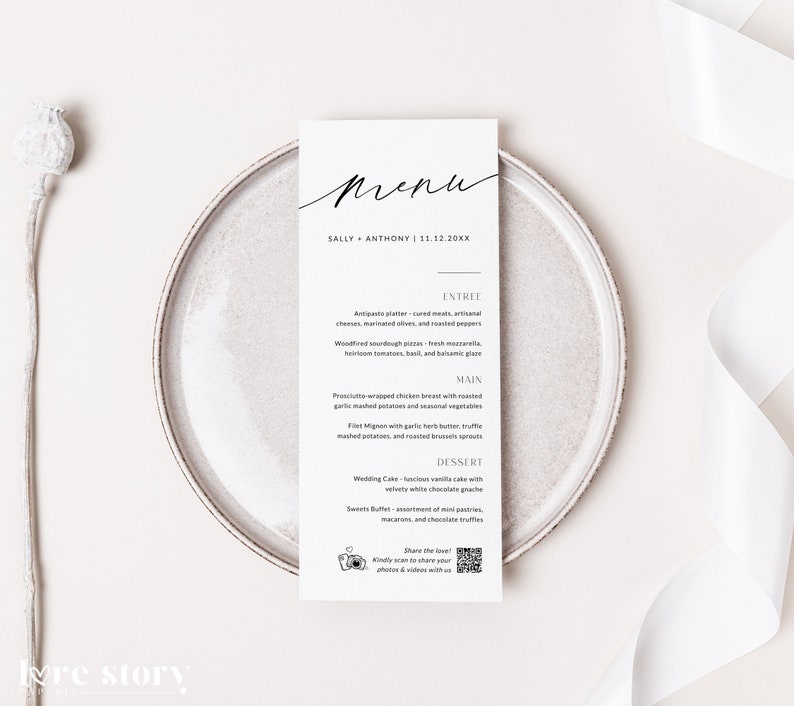 Minimalist Script QR Code Wedding Menu Template, Modern Menu Printable ...