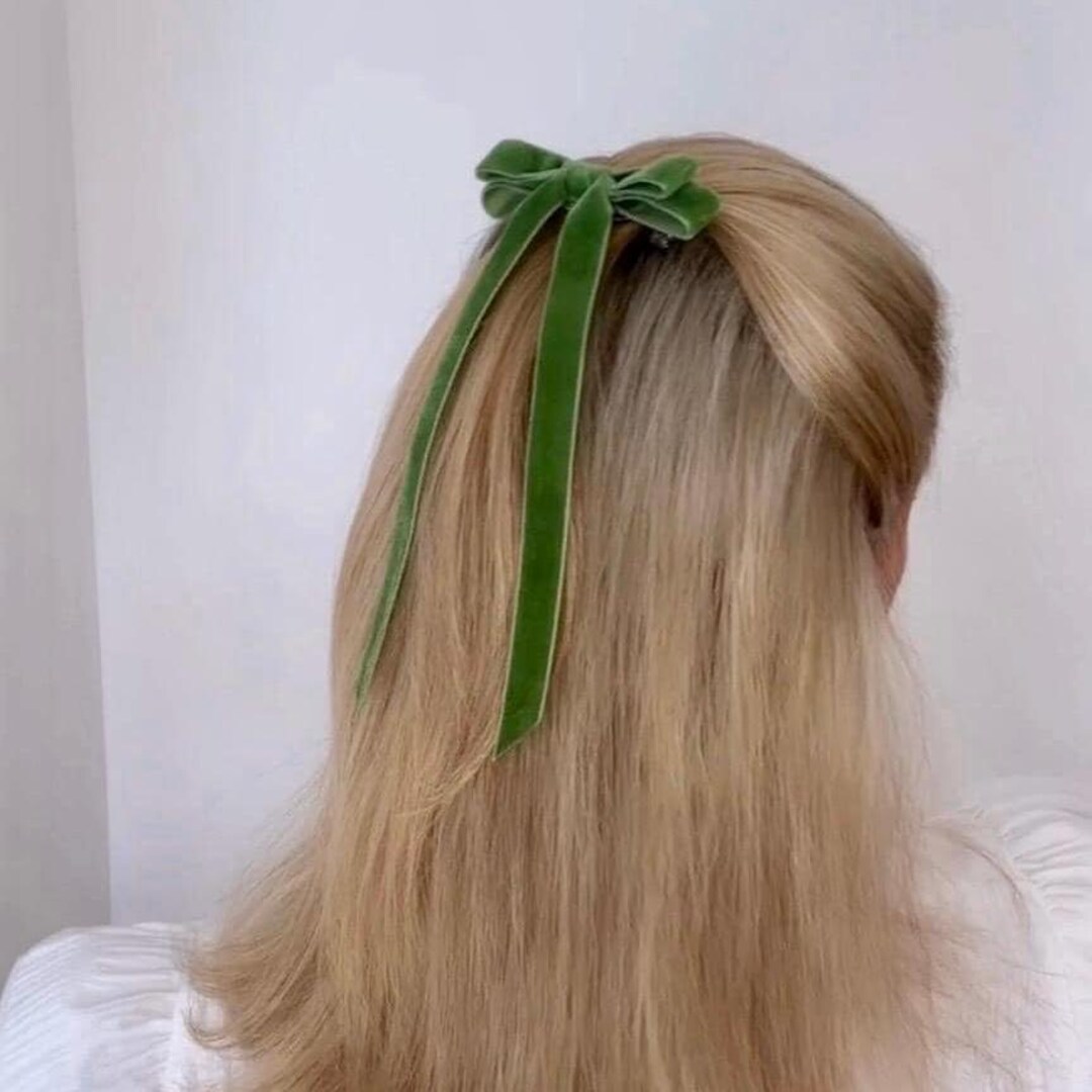 Olive Luxury Short Tail Velvet Bow Clip Green Ribbon Hair Bow Sage ...