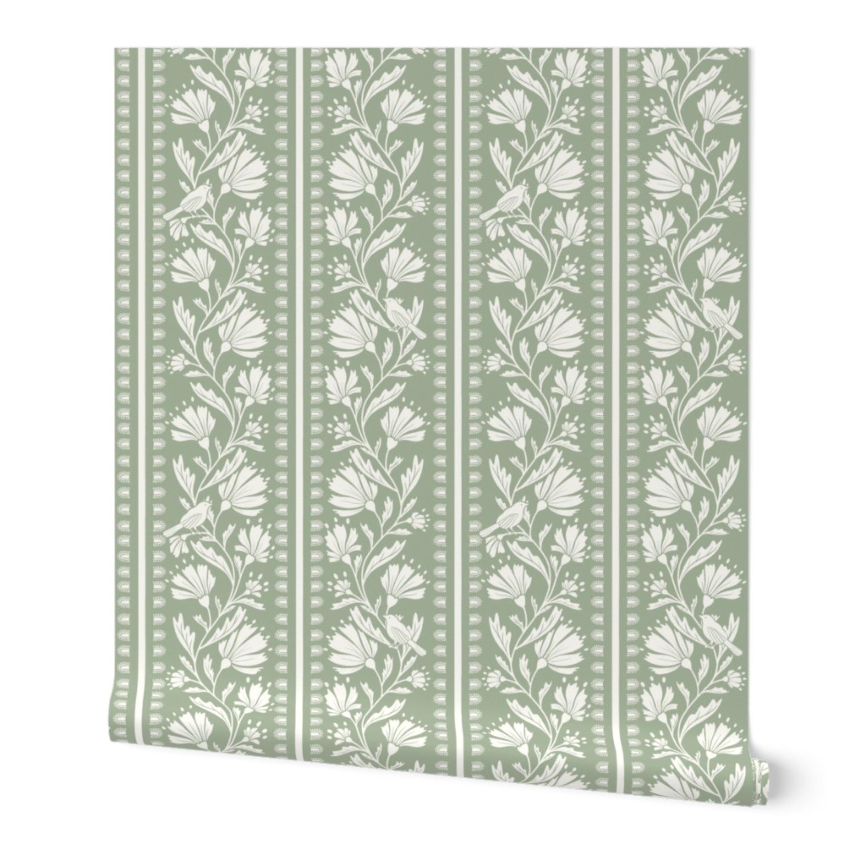 Bramble Bird Vintage Folk Floral Stripe Wallpaper | Sage Green ...