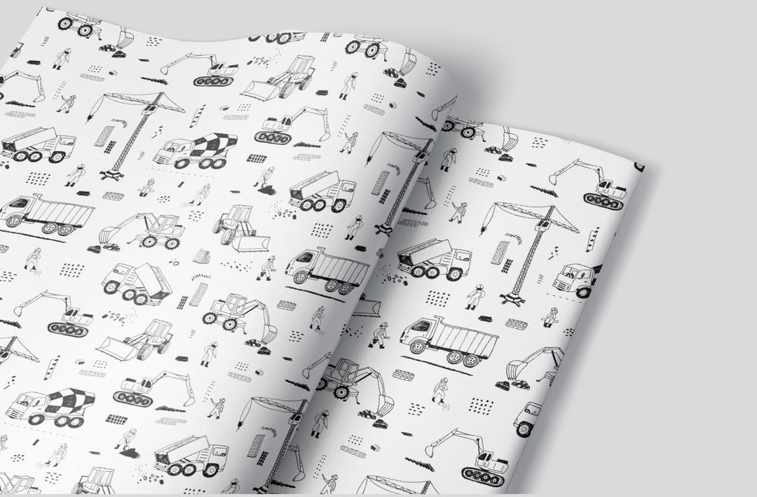 Construction Wrapping Paper Sheets - Set of 3 - Crane Excavator Dump ...