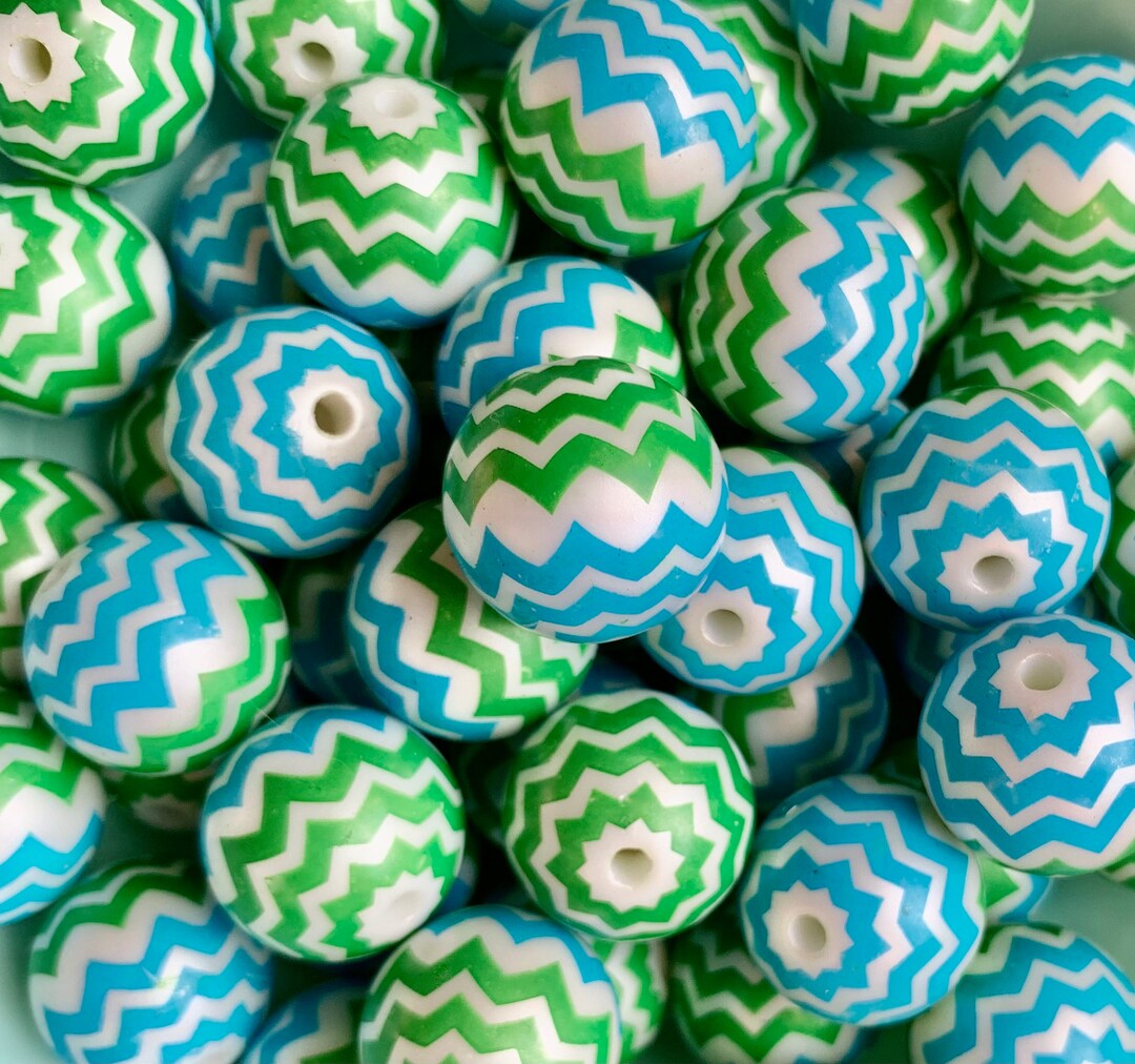 10 Large Chevron Blue Green Round Beads Chevron Print Print Chunky 20mm ...
