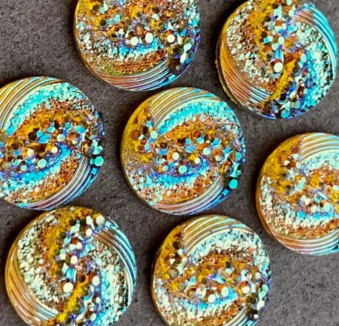 6 Small Yellow Round Iridescent AB Color Resin Rhinestones Cabochons ...