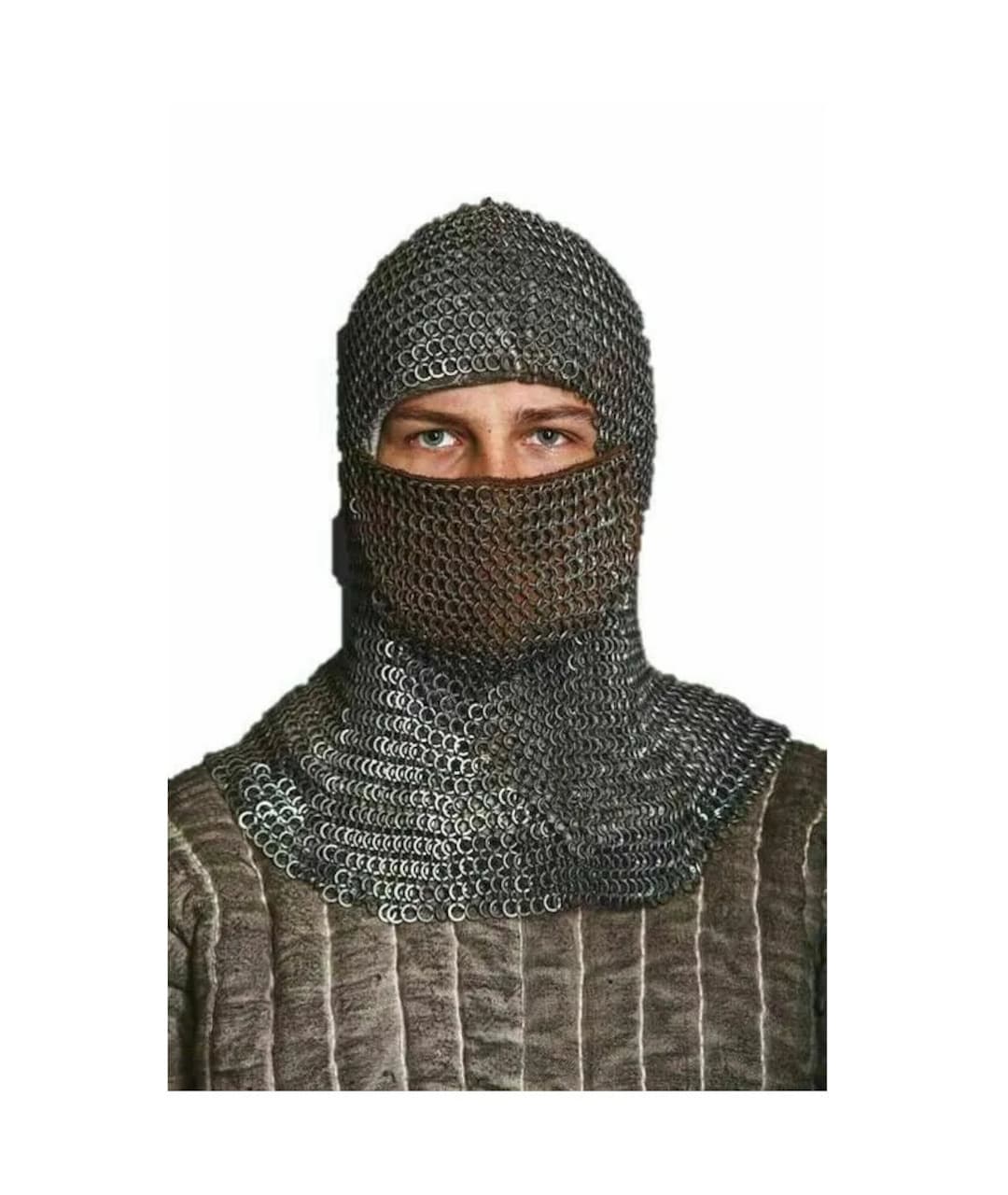 Medieval Chain Mail Coif / Hood With Face Mask Flat Ring Riveted With ...