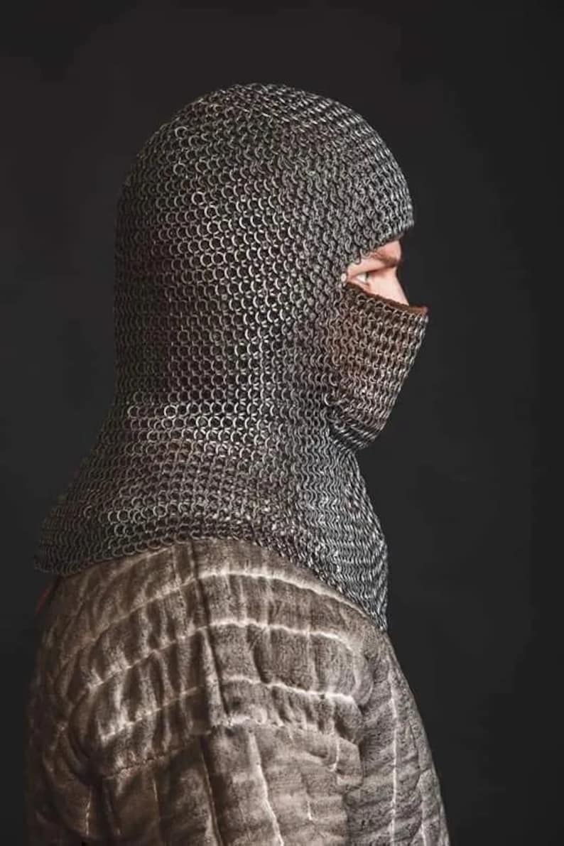 Medieval Chain Mail Coif / Hood With Face Mask Flat Ring Riveted With ...