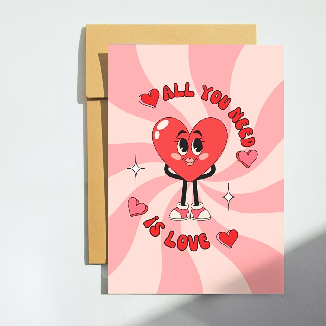 Printable Love Card - Cute Digital Greeting Card - Retro Heart Design ...
