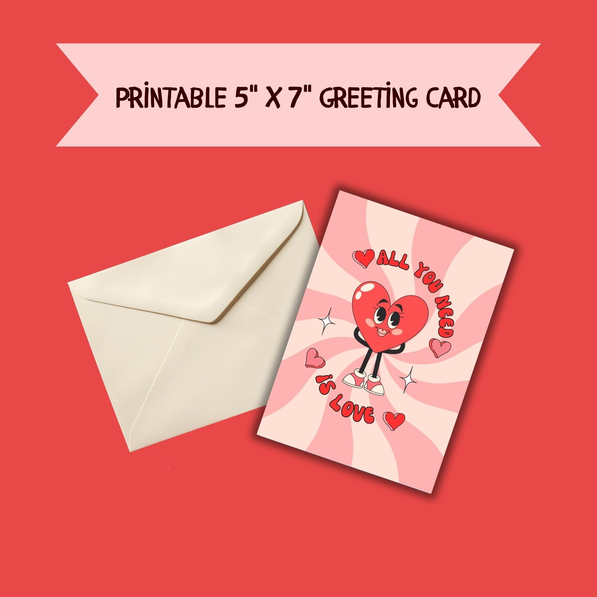 Printable Love Card - Cute Digital Greeting Card - Retro Heart Design ...