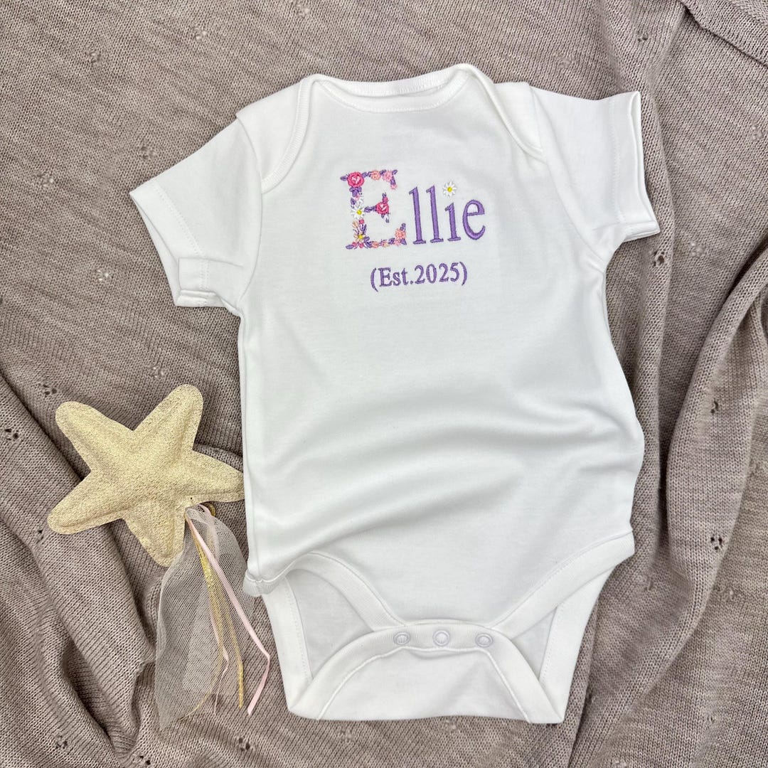 Personalised Baby Name, Custom Embroidered Floral Font, White 100% ...