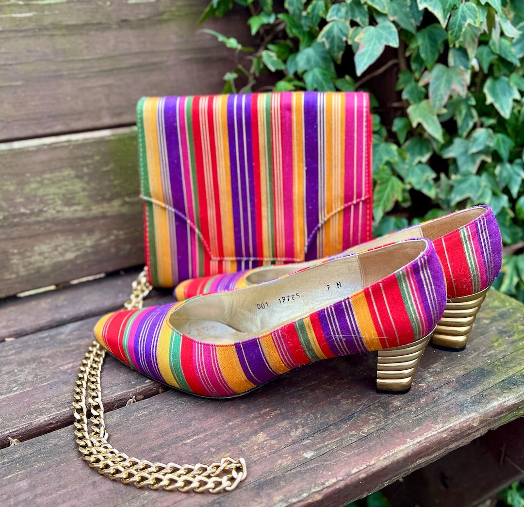 Ribbed Gold Heel Stripe Shoes Purse Set US 9N UK 7N ~ Vintage 3” High ...