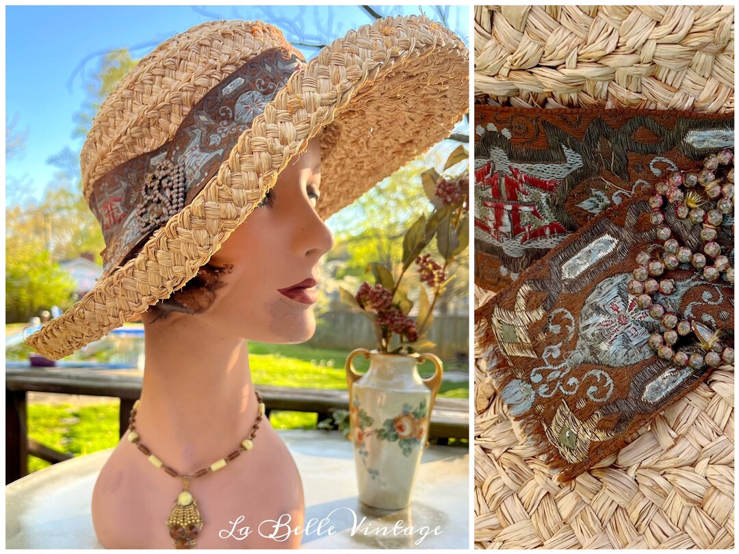 1920s Natural Plait Straw Boater Hat Vintage Gold Lame Passementerie ...