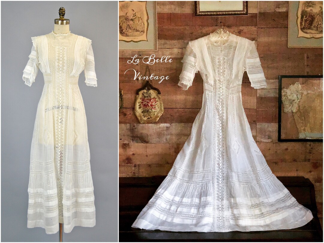 Antique Sheer Wedding Dess XS Edwardian White Cotton Batiste Gown ...
