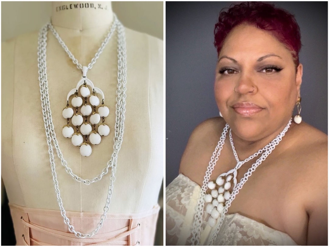 Trifari Waterfall Necklace Earrings Set Vintage White Apples Tiered Bib ...