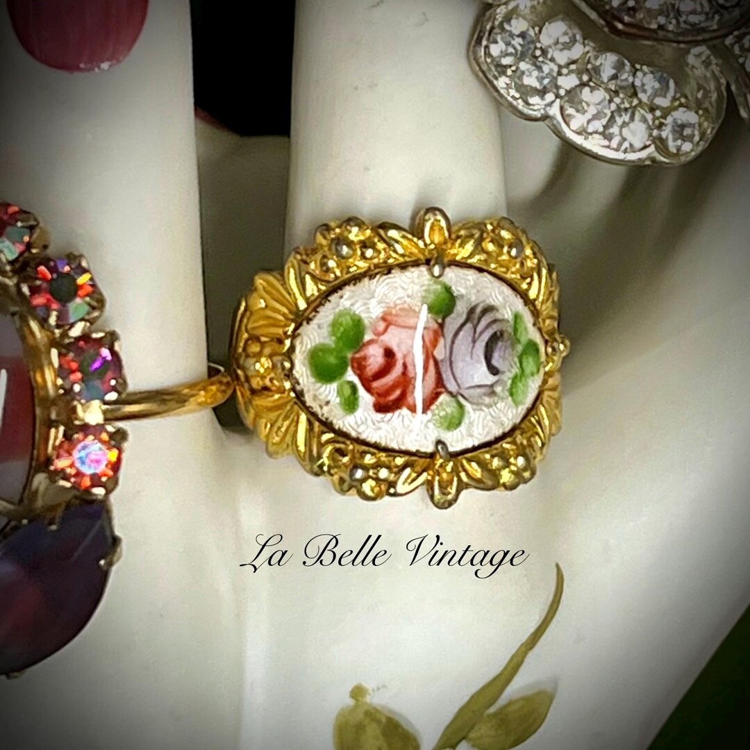Vintage Romantic Guilloche Ring Cloisonne Painted Roses Enamel Gilt ...