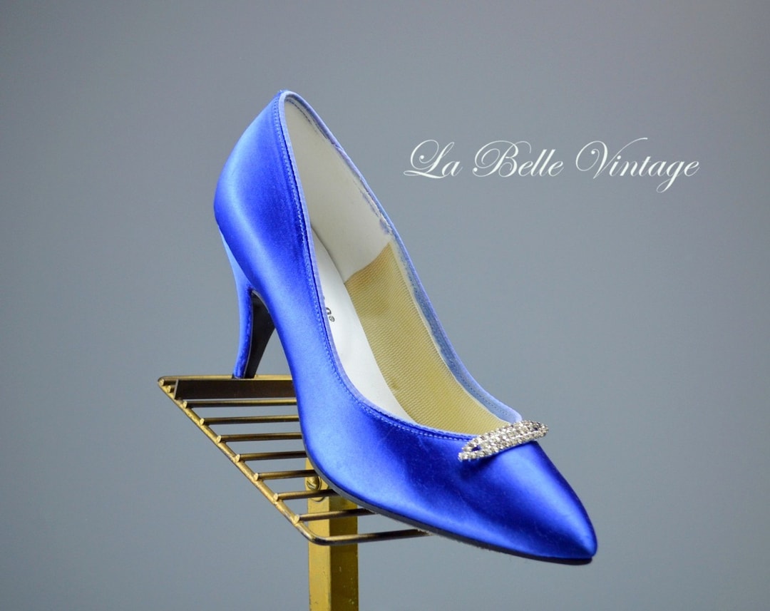 True Indigo Blue Shoes US 7.5 UK 5.5 ~ Vintage 1980's Pointy Toe Satin ...