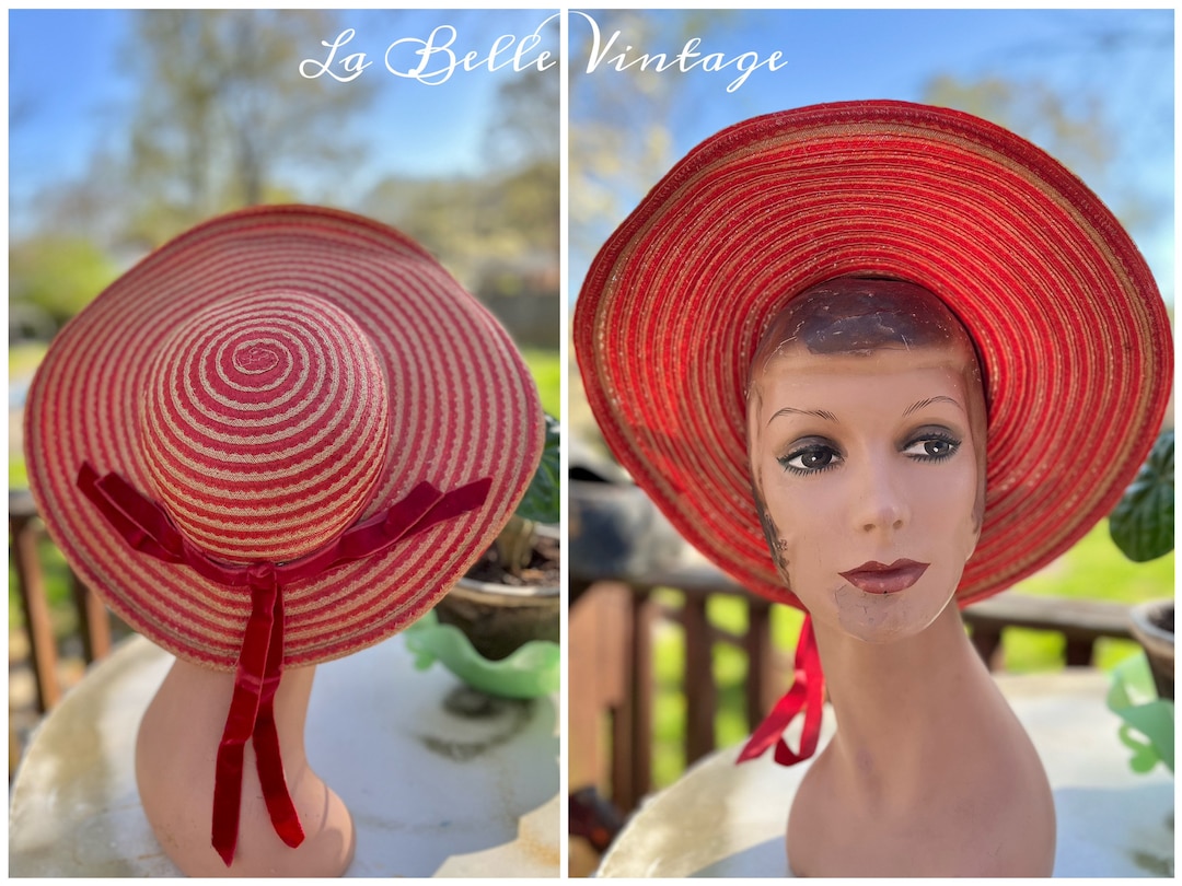 1930s Red Striped Cartwheel Hat Vintage Caprice Wide Brim Picture ...