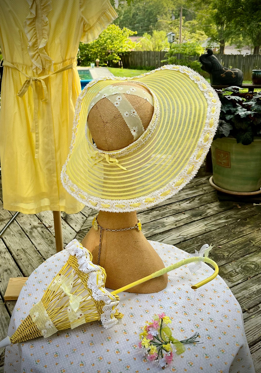 Sheer Lemon Garden Party Hat & Parasol Purse ~ Vintage Yellow Novelty ...
