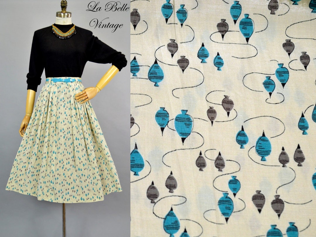 Novelty Spinning Tops Print Skirt S ~ Vintage 1950s Silk Full Skirt ...