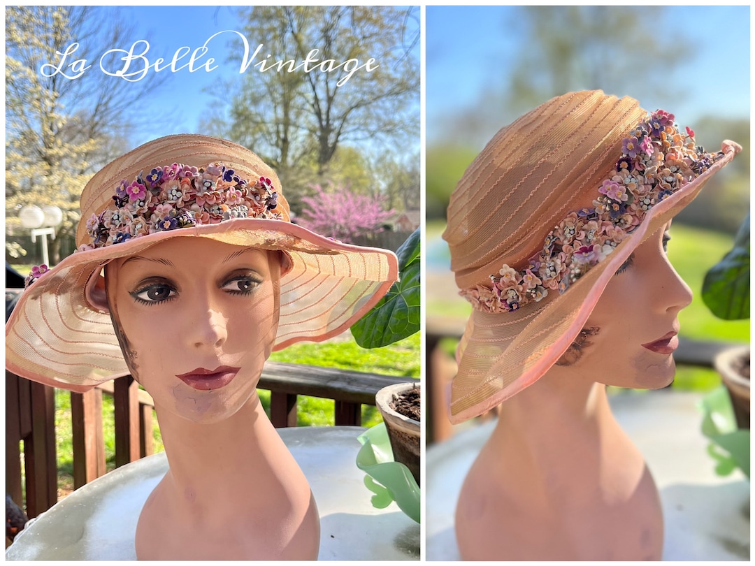 1920s Sheer Garden Party Hat Vintage Velvet Forget Me Not Flowers ...