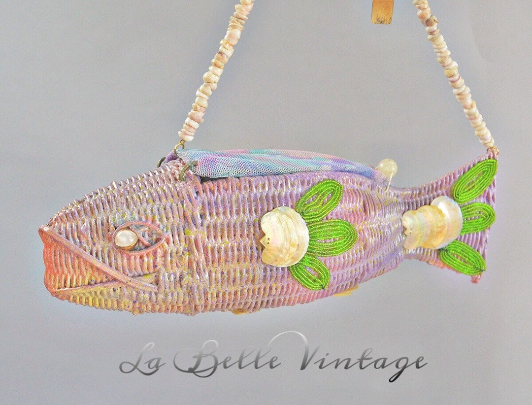 Novelty Fish Shaped Figural Handbag Vintage Wicker Tropical Parrot Fish ...