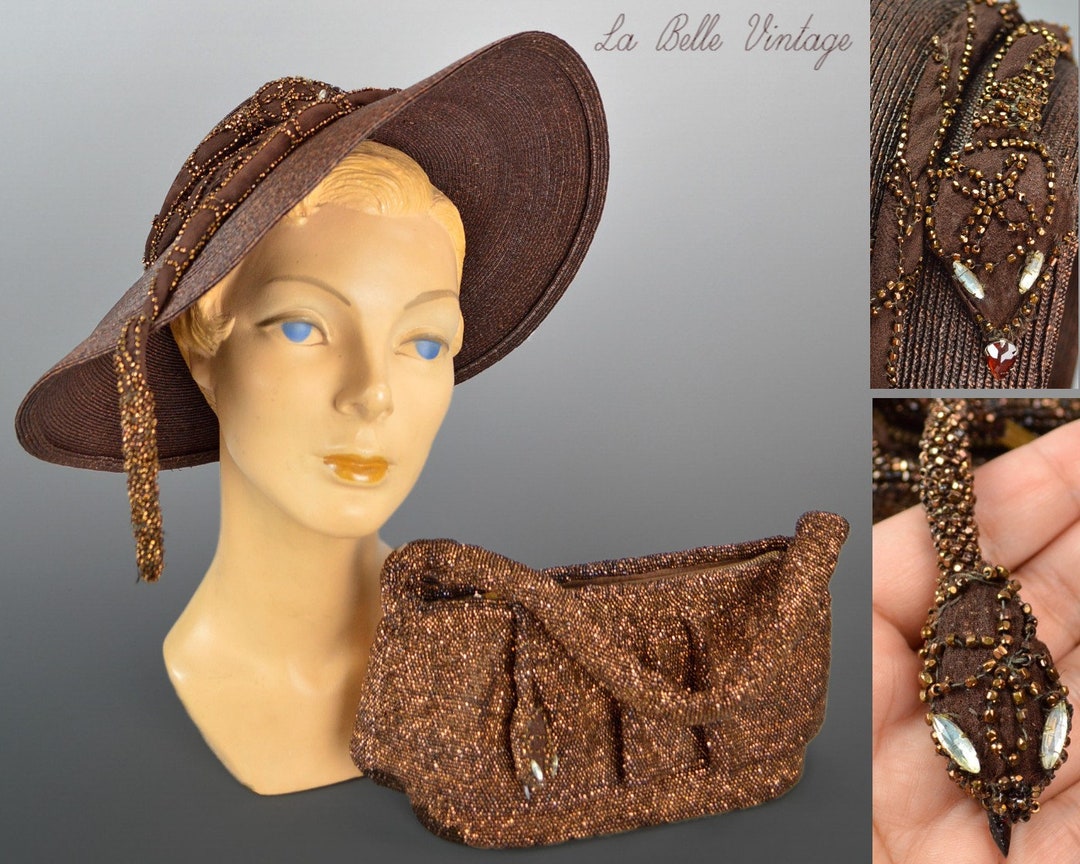 Copper Beaded Snakes 1940s Hat Purse Set Vintage Open Crown Cartwheel ...