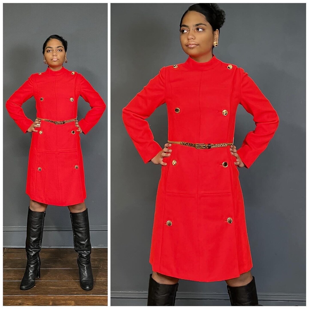 1960s Mod Military Style Mini Coat S Vintage Coral Red New Wool Leopard ...