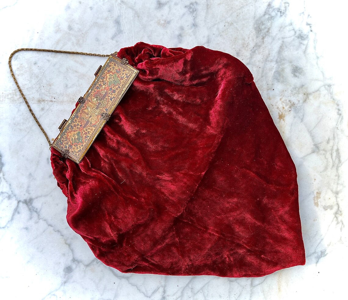 1930s French Velvet Evening Bag ~ Hand Painted Lovers Celluloid Frame ...