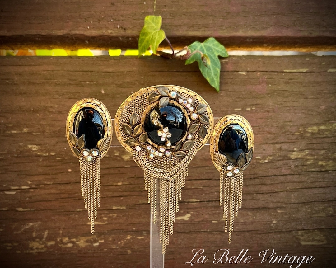 Marena West Germany Jewelry Set ~ Black Onyx + Austrian Crystal Brooch ...