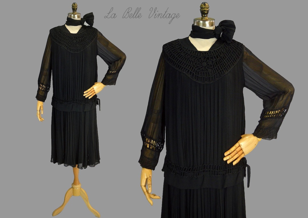 1920s Black Sheer Dress Vintage Chic Cord Embroidered Pleated Frock ...