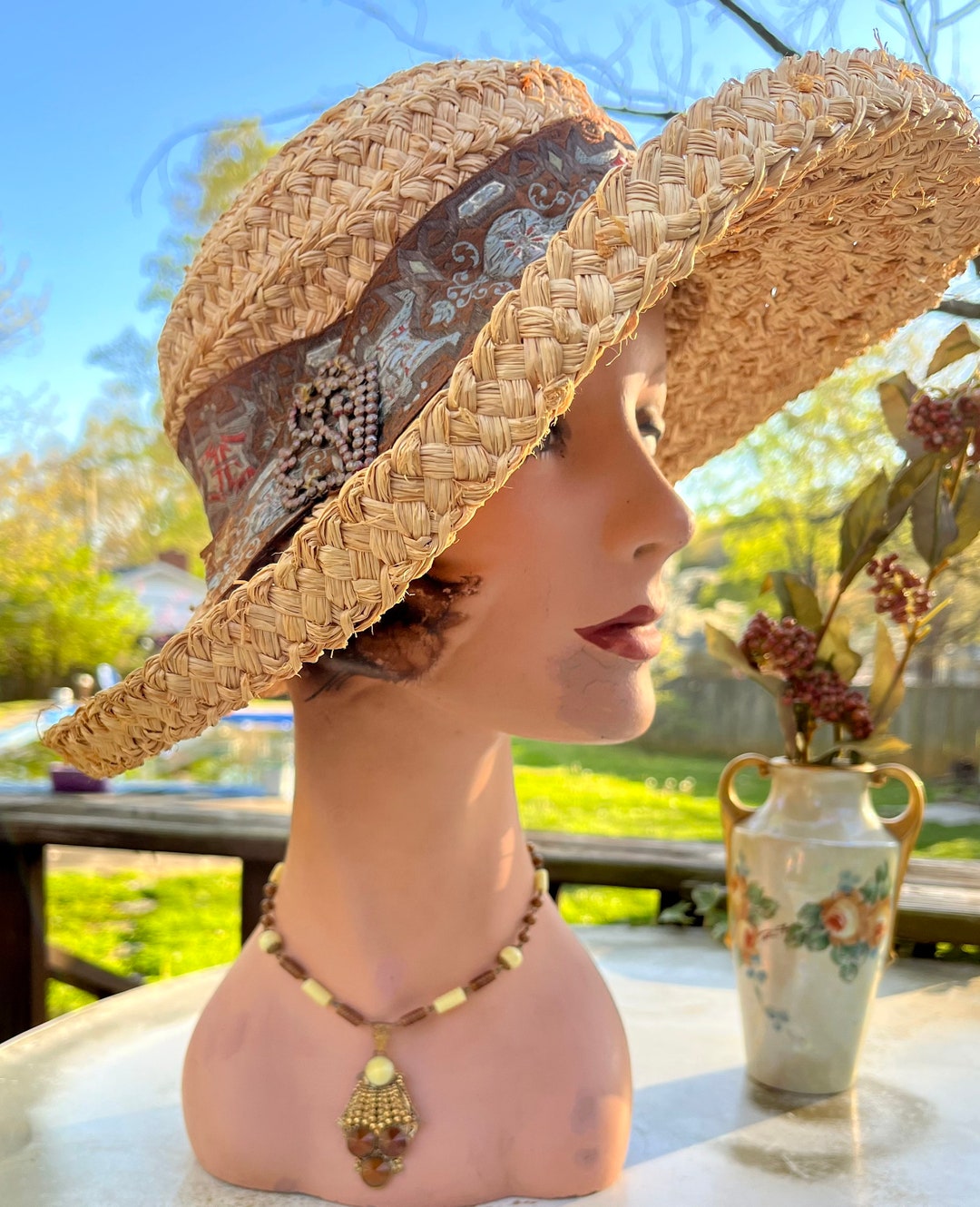1920’s Natural Plait Straw Boater Hat ~ Vintage Gold Lame ...