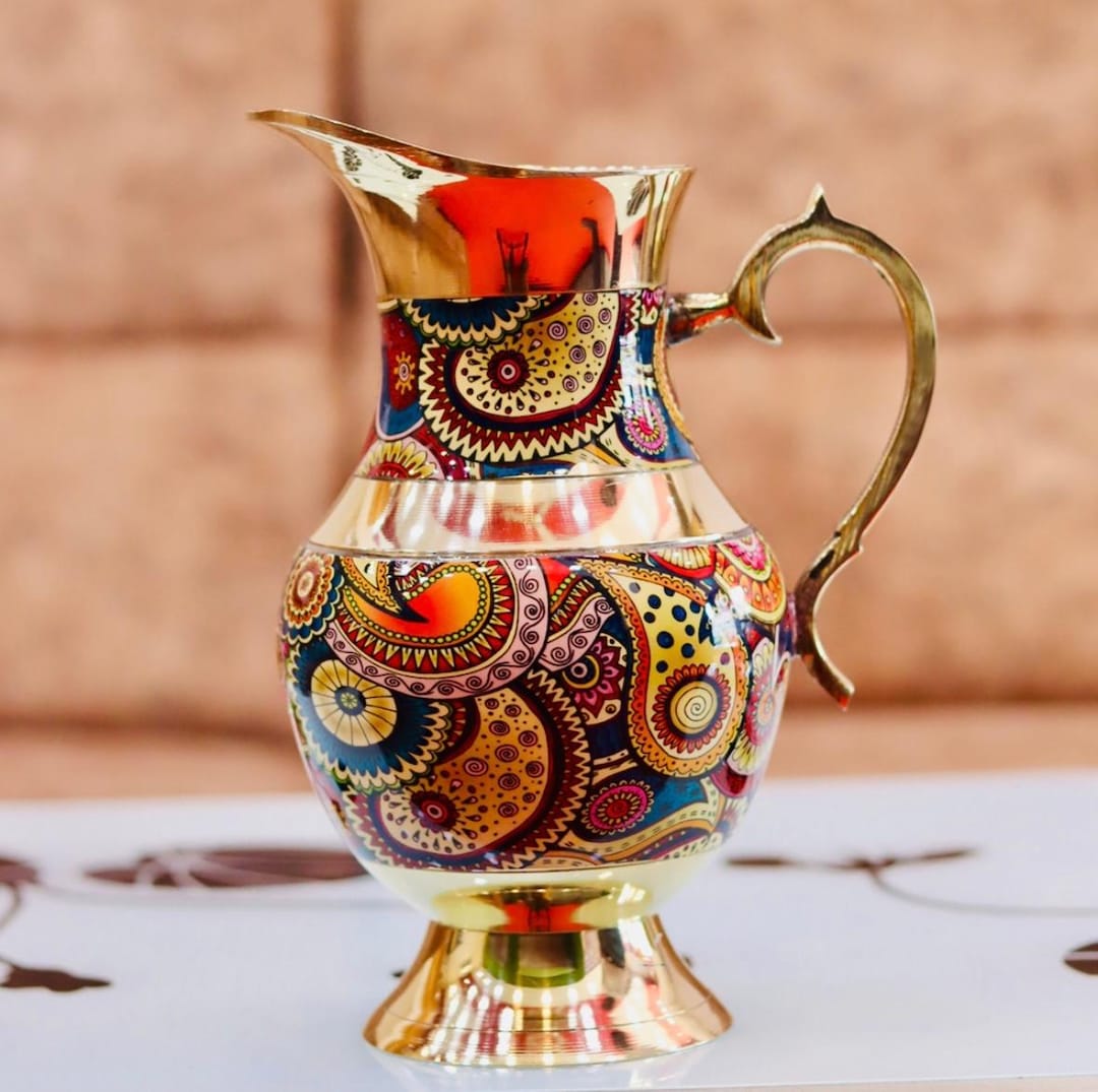 Handmade Brass Jug and Glass Set: Colorful Paisley Indian Drinkware - Etsy