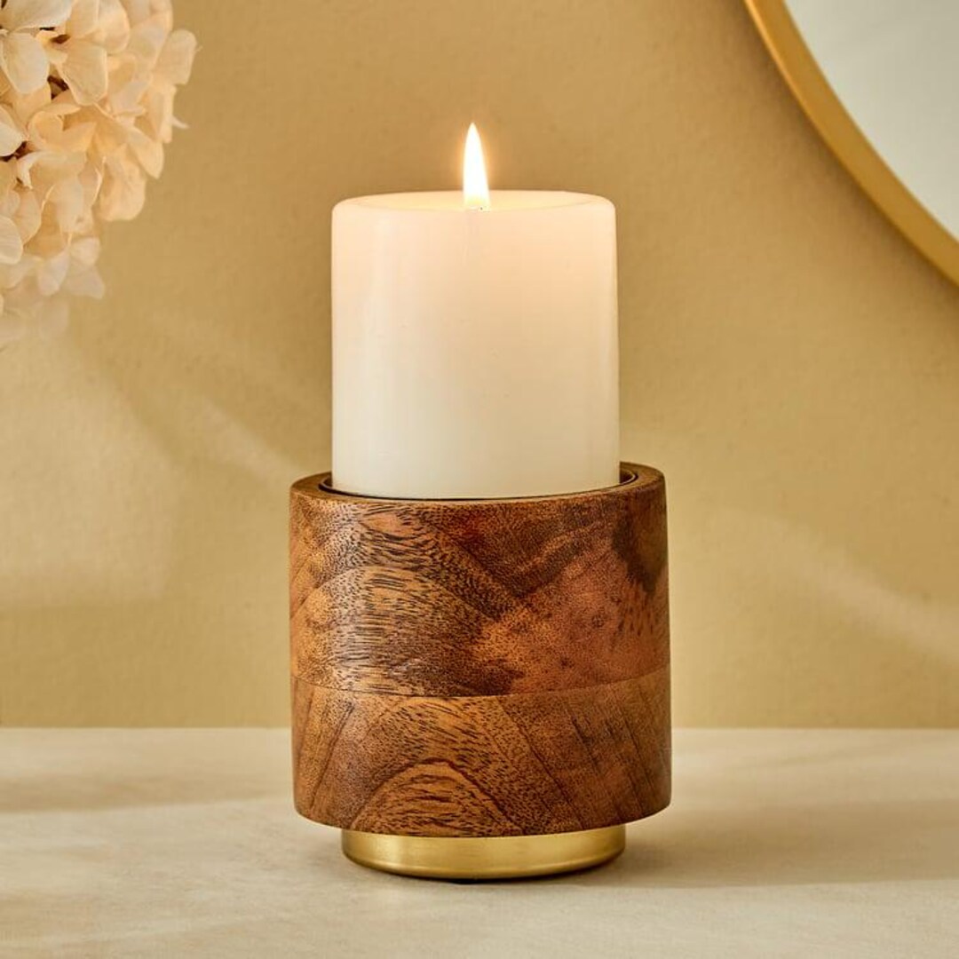 Christmas Gift Wood Pillar Stand | Brass Accent Piece | Modern Rustic ...