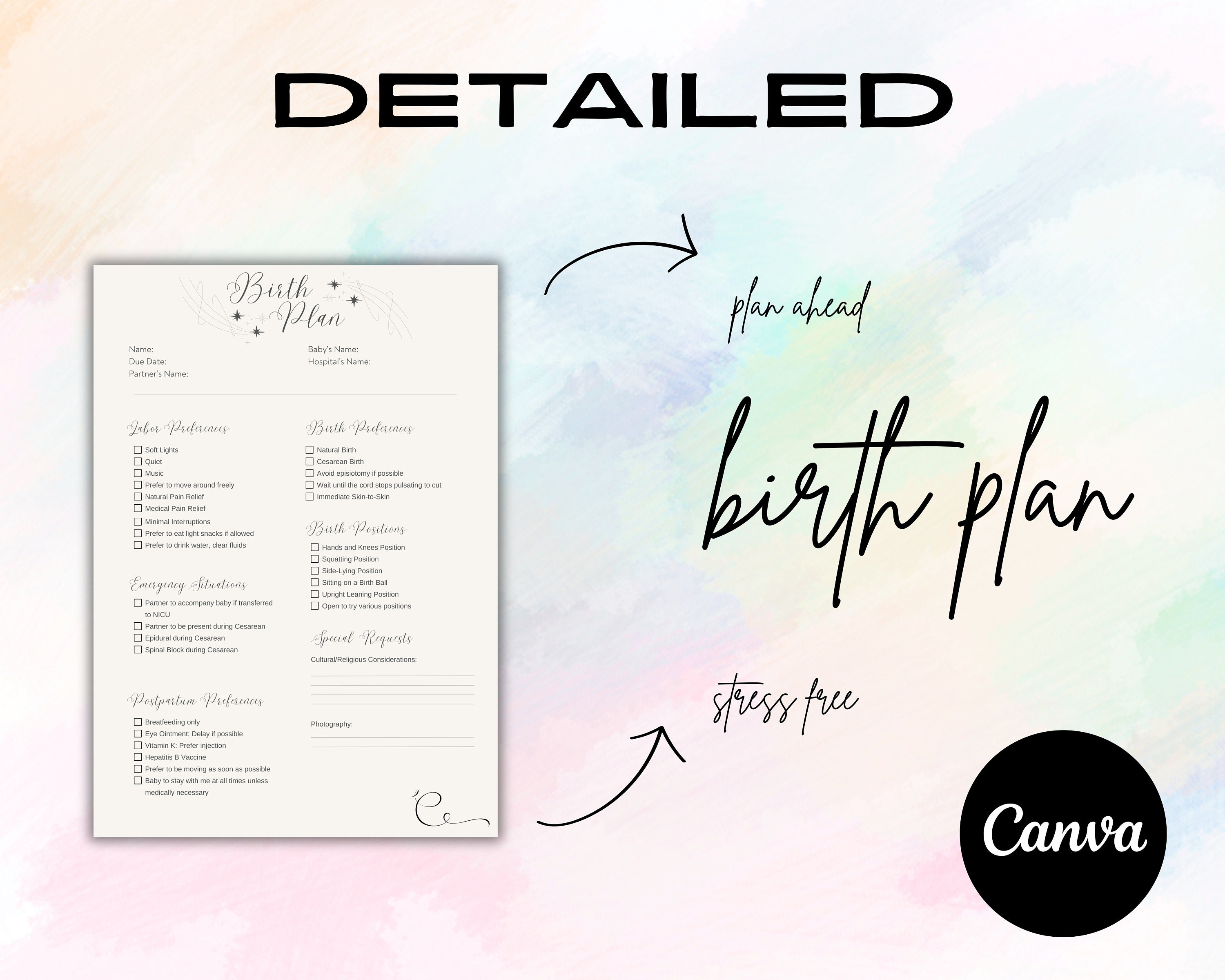 Birth Plan Template Canva, Complete Birth Preferences Plan, Doula ...