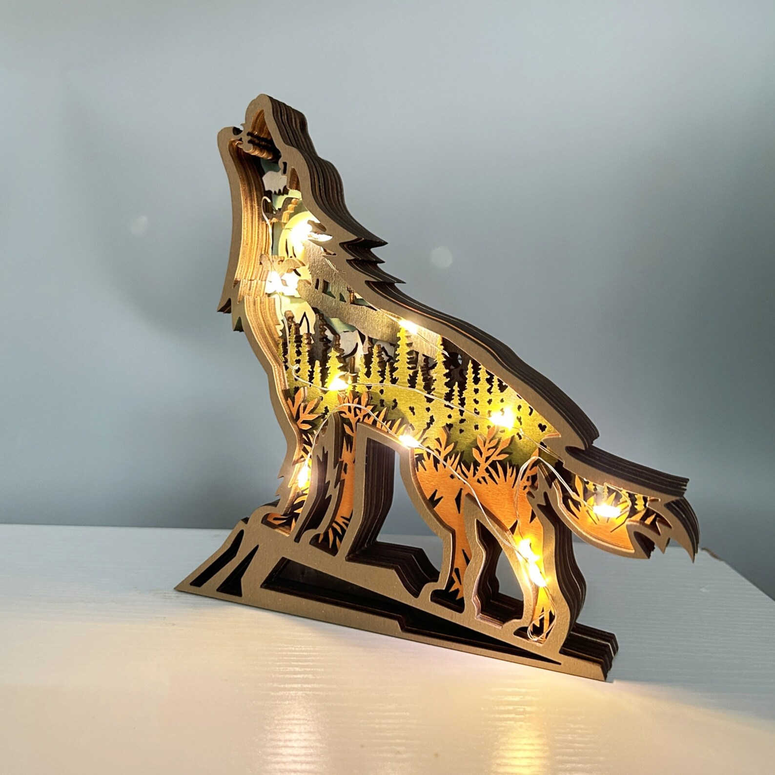 Custom Wooden Wolf/tiger With Led Lights Desk Ornament,engraved Name ...