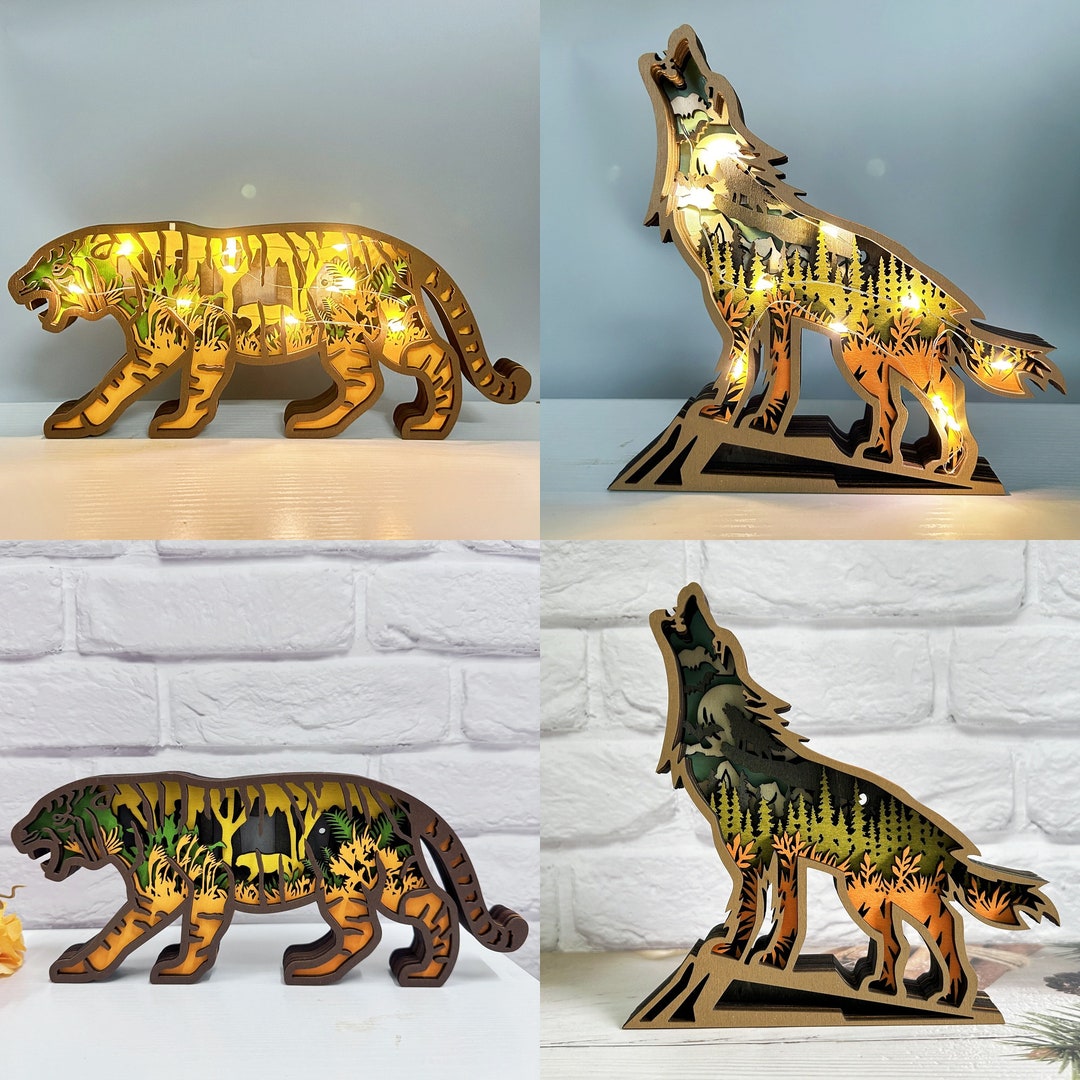 Custom Wooden Wolf/tiger With Led Lights Desk Ornament,engraved Name ...