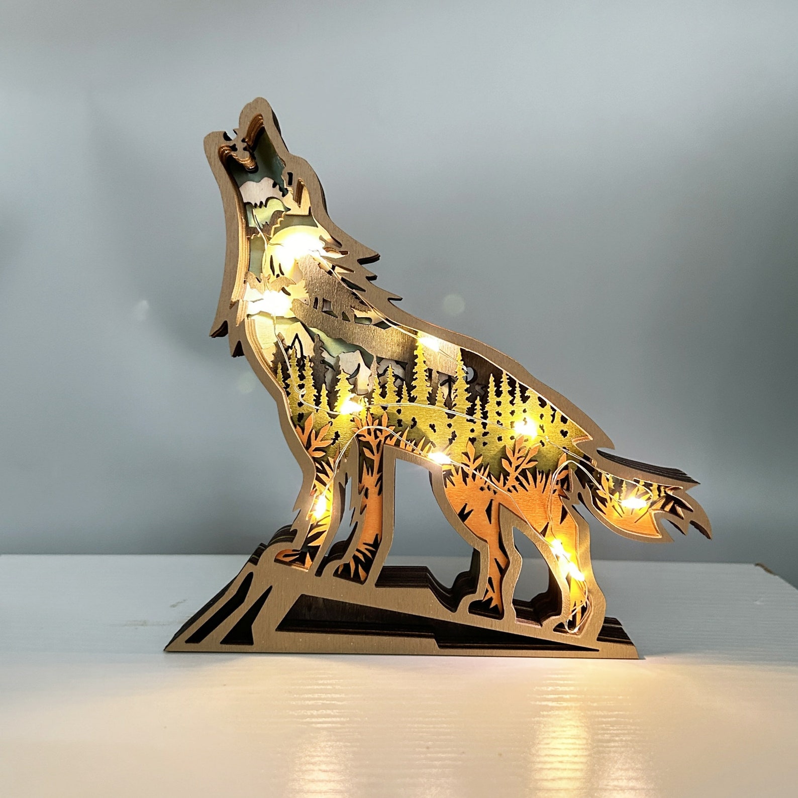 Custom Wooden Wolf/tiger With Led Lights Desk Ornament,engraved Name ...