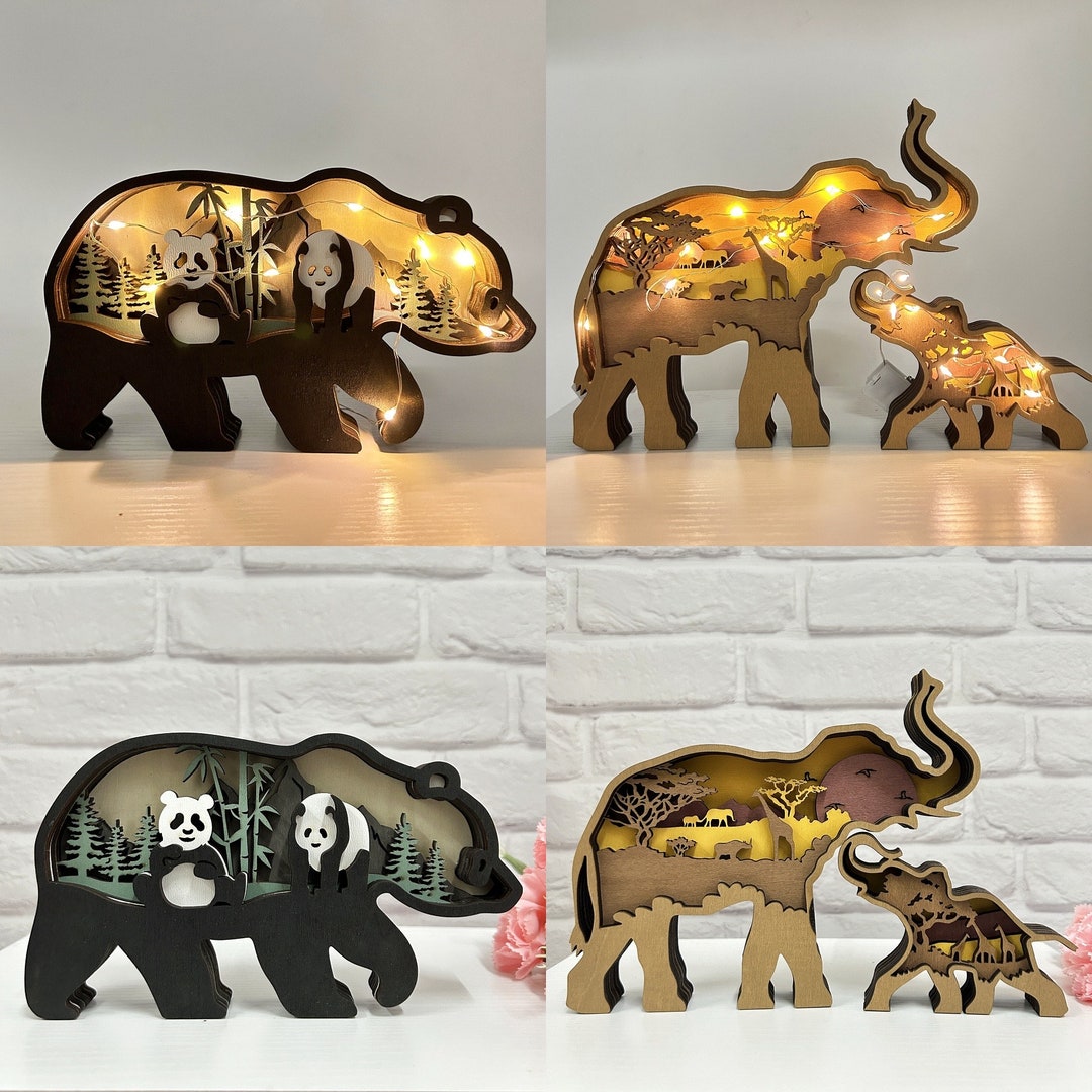 Wooden 3D Carved Elephant/panda Desk Ornaments With Lights-wooden Wild ...
